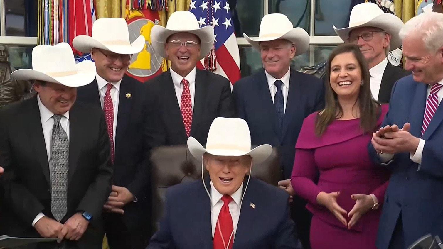 Howdy, y'all! - Trump wears cowboy hat replica of 1980 Lake Placid ...