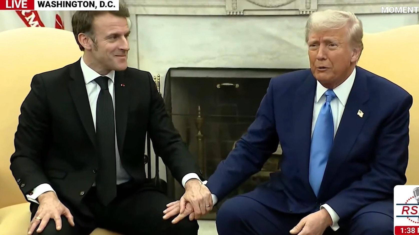 Get off! Macron wrestles Trump's hand from his knee in VERY awkward ...